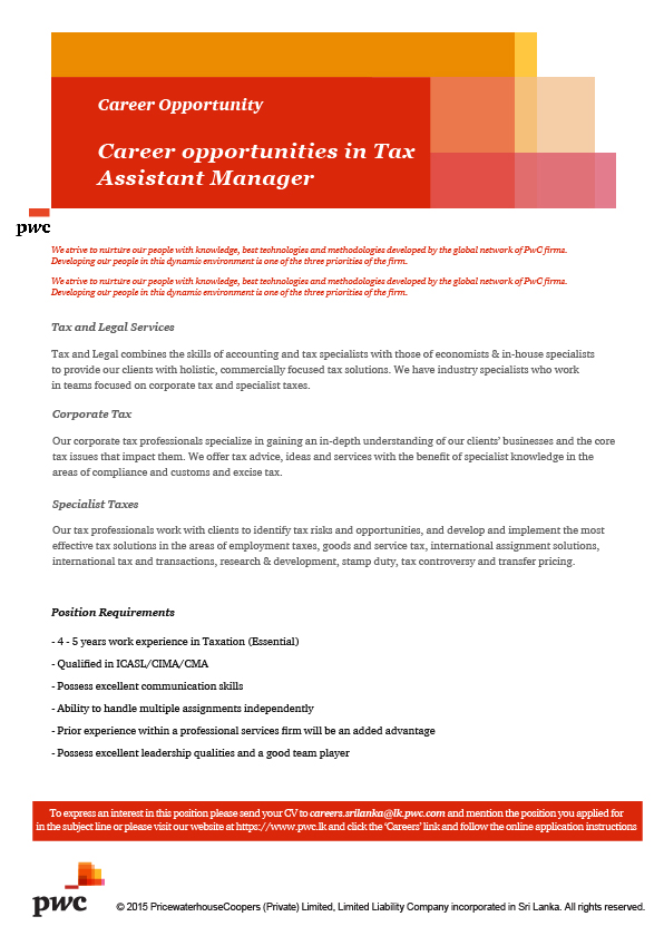 Assistant Manager Tax Services
